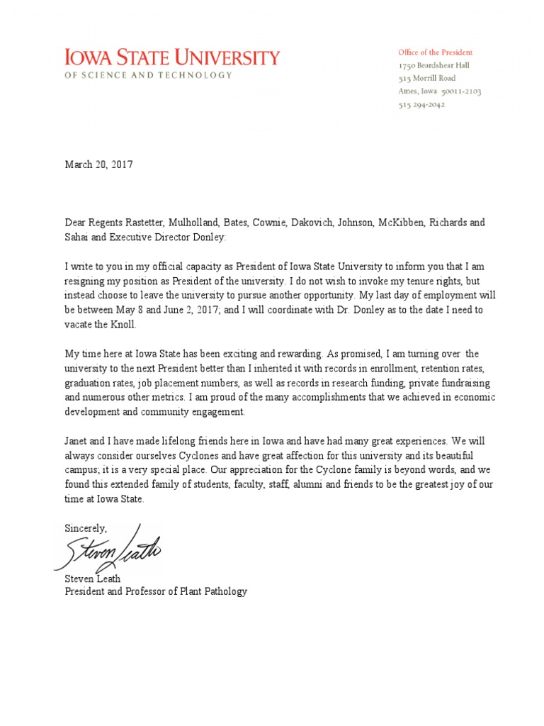 Resignation letter from Iowa State University President Steven Leath