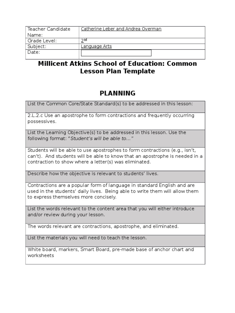 Contractions Lesson Plan for 2nd Grade | PDF | Lesson Plan ...