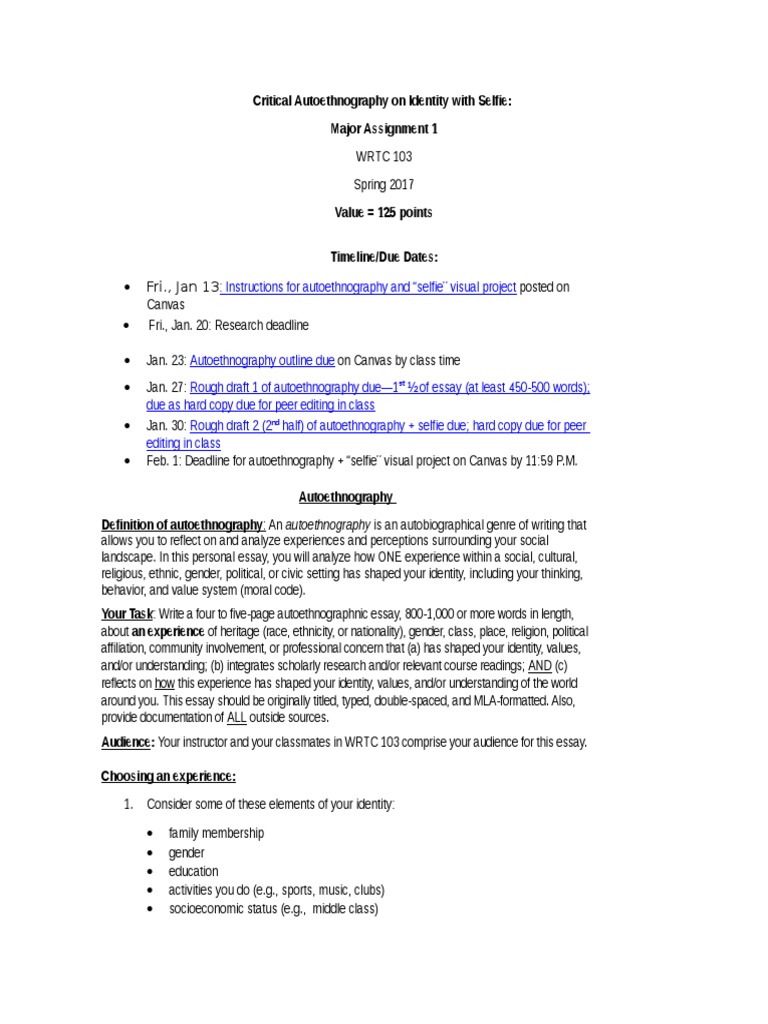 Autoethnography & Selfie Project | PDF | Essays | Narrative