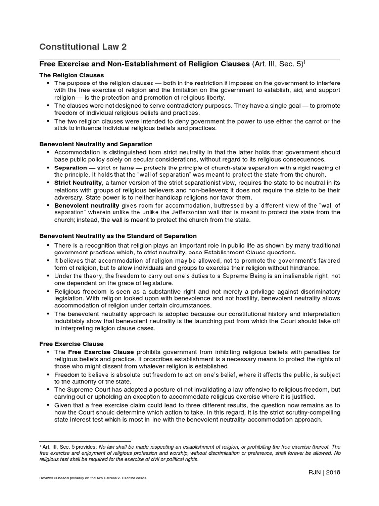 Constitutional Law 2: Free Exercise and Non-Establishment of Religion Clauses (Art. III, Sec. 5 ...
