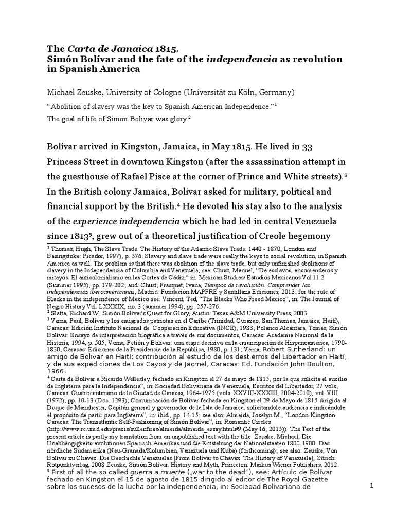 The Carta de Jamaica 1815. Simon Bolivar | PDF | Slavery | Venezuela