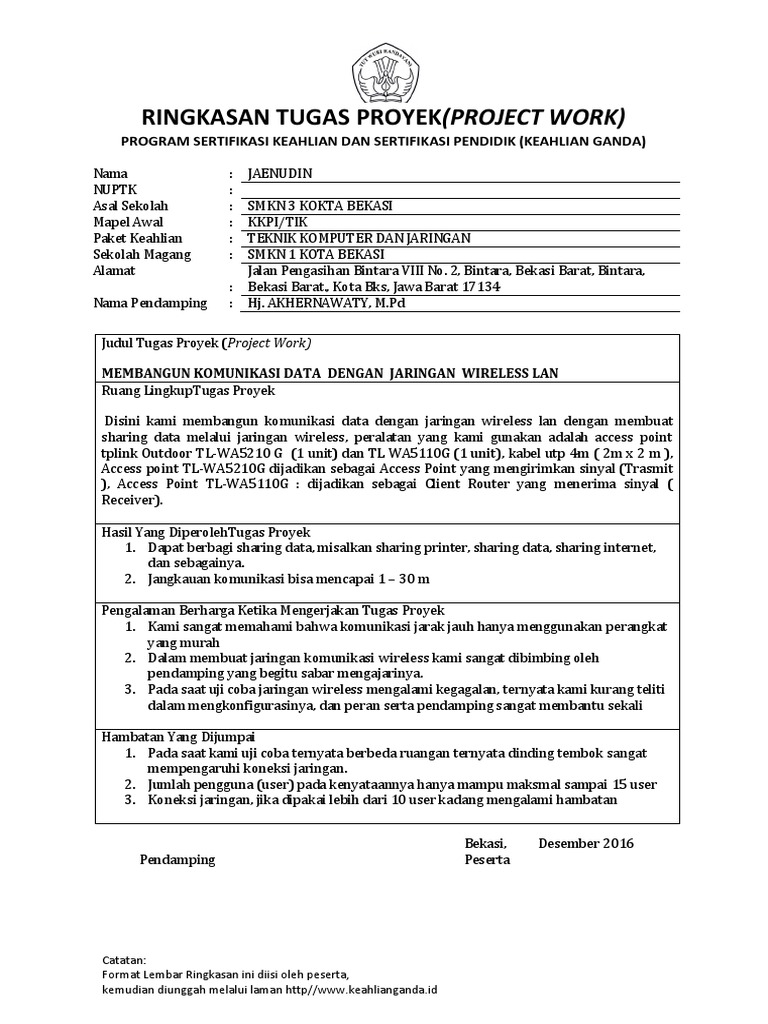 CONTOH - Ringkasan Project Work - Jaenudin - Teknik Komputer Dan Jaringan - PW1 | PDF | Seni ...