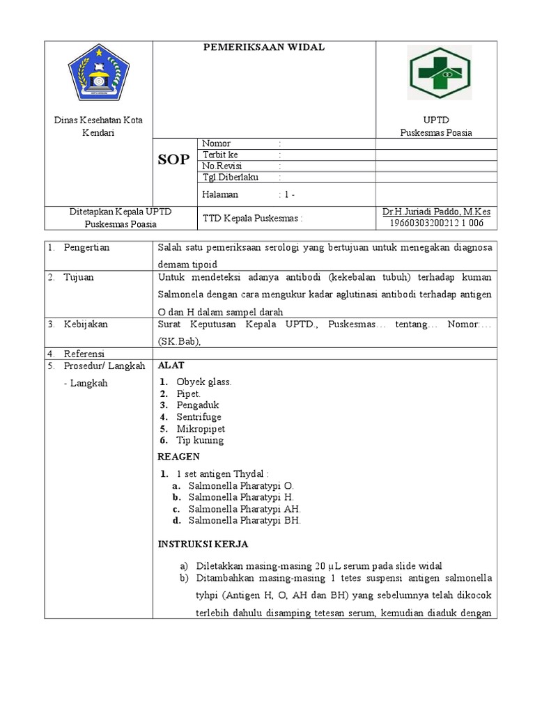 Sop Pemeriksaan Widal | PDF