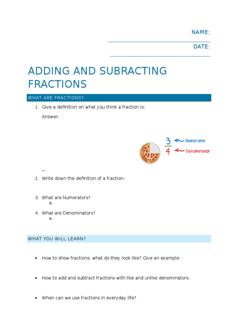 Adding and Subracting Fractions: Name: Date | PDF
