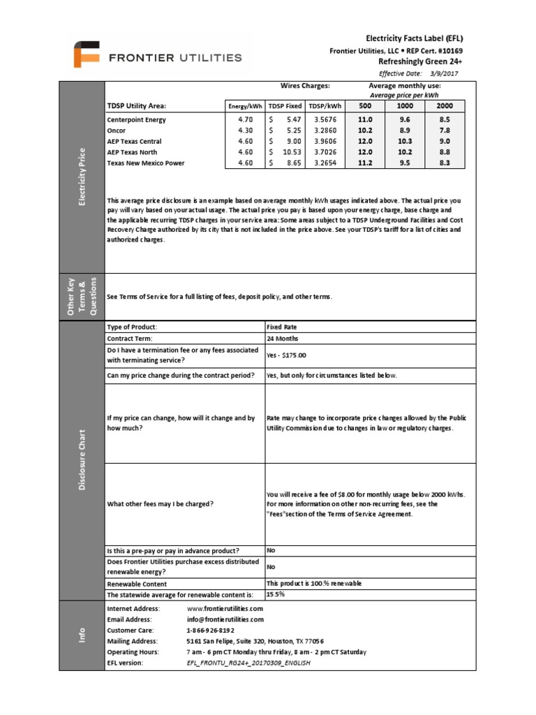 Electricity Facts Label for Frontier Utilities' Refreshingly Green 24 ...