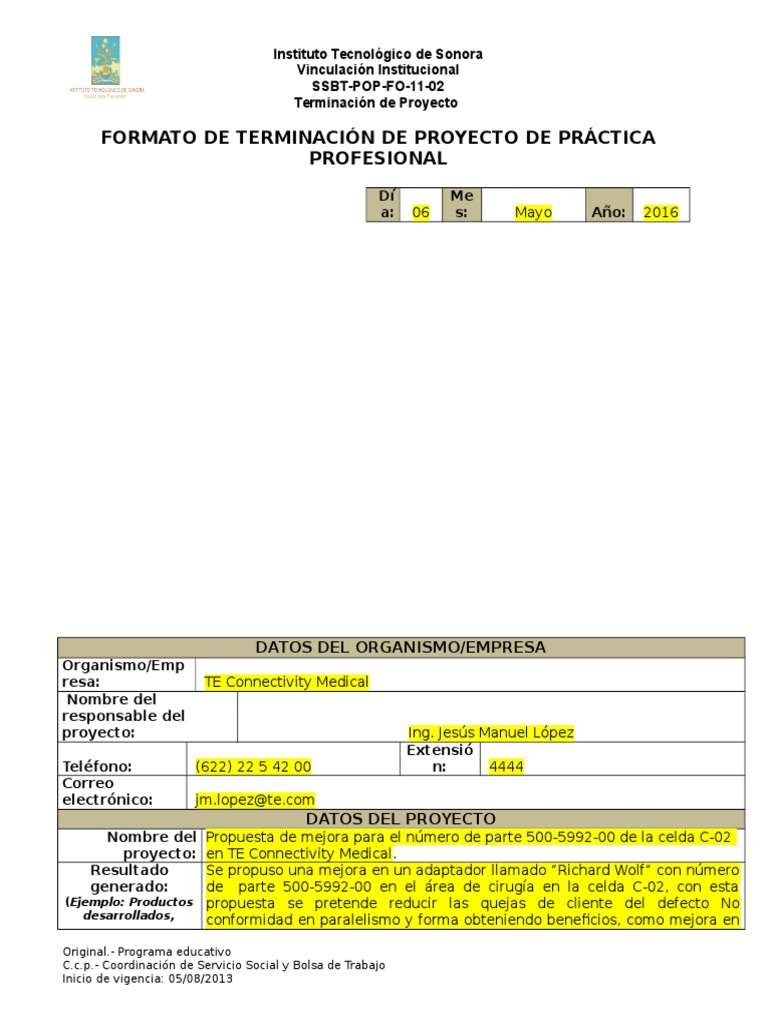 Ejemplo de Formato Terminacion de Proyecto | PDF | Science | Tecnología ...