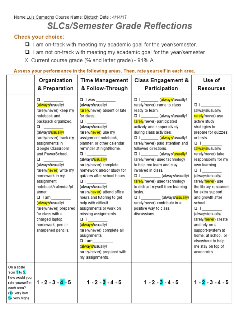 Slcs/Semester Grade Reflections | PDF | Homework | Education Theory