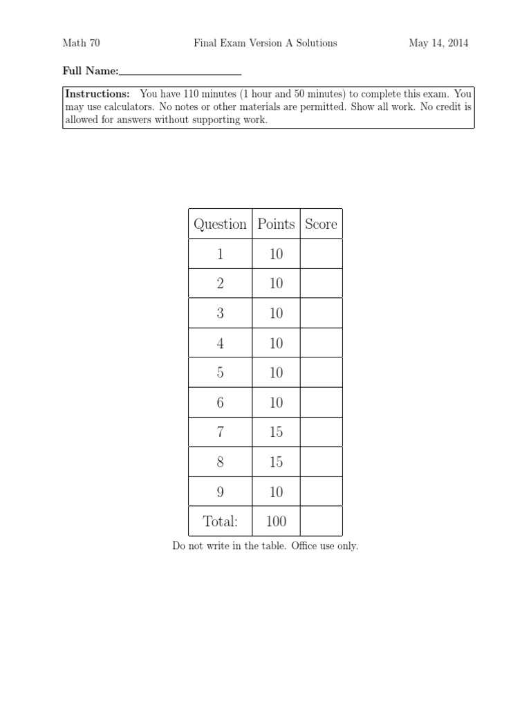 Math 70 Final Exam Version A Solutions | PDF | Trigonometric Functions ...