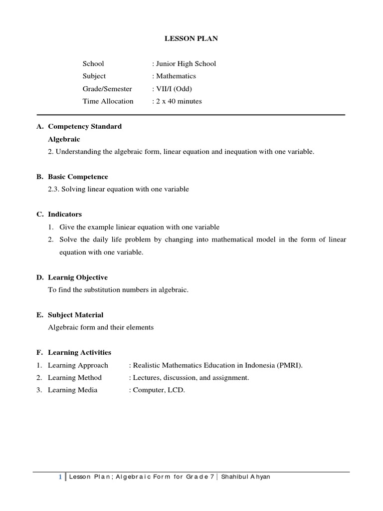 Lesson Plan of Algebra Vii Class | Lesson Plan | Equations