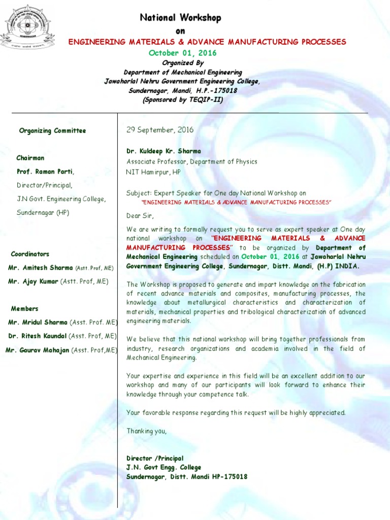 Invitation Letter ME Workshop | PDF | Engineering | Academia