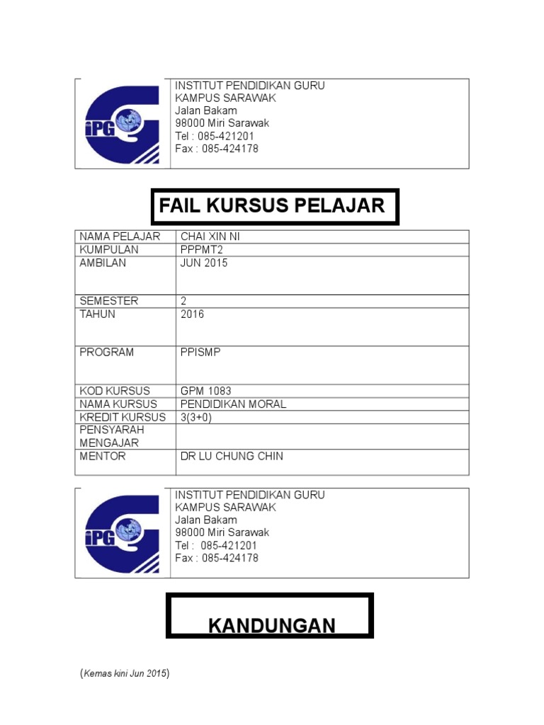 Kandungan FAIL Pelajar - IPG - KEMAS KINI Jun 2015 | PDF