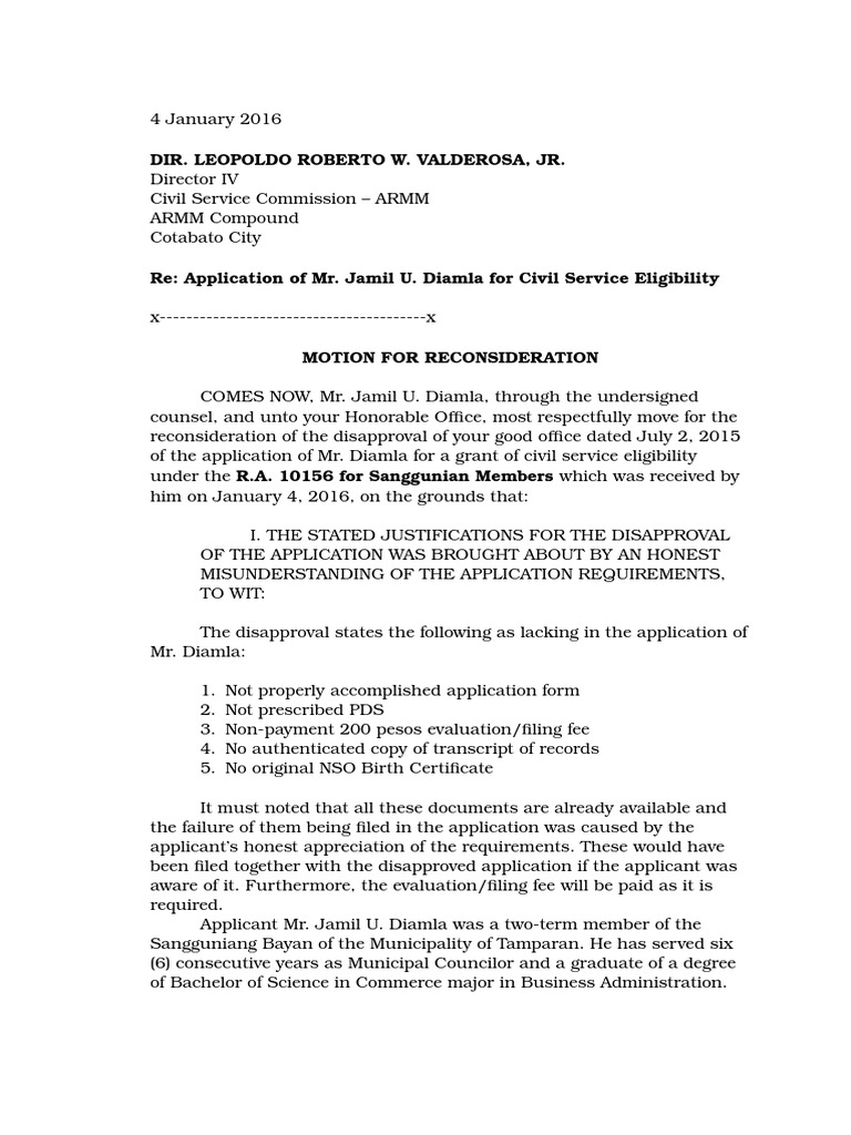 Sample Motion For Reconsideration Civil Service | PDF | Virtue | Justice