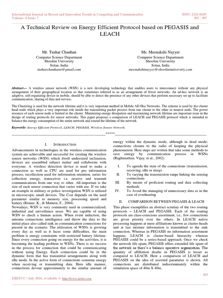 A Technical Review On Energy Efficient Protocol Based On PEGASIS and Leach | PDF | Computers
