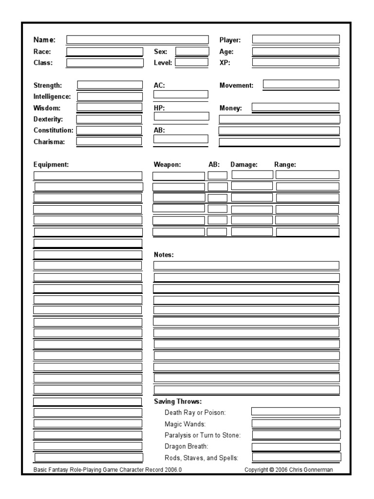 Basic Fantasy Character Sheet 2006.0 Fillable | PDF