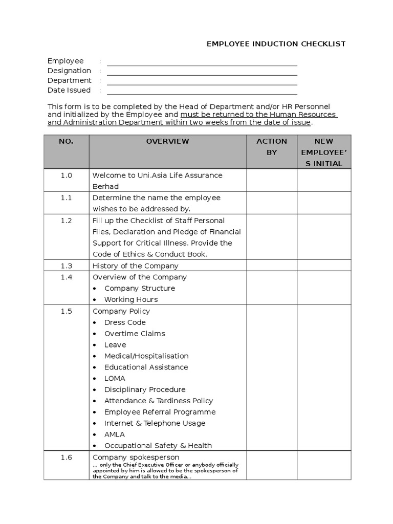 New Hire Checklist | Chief Executive Officer | Employment