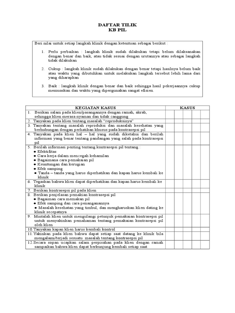 Daftar Tilik Pil KB | PDF