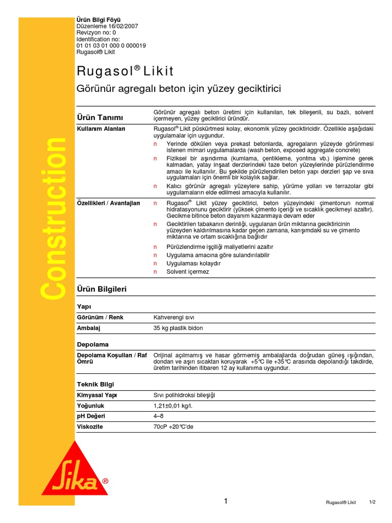 Sika Rugasol Likit - Görünür Agregalı Beton Için Yüzey Geciktirici | PDF
