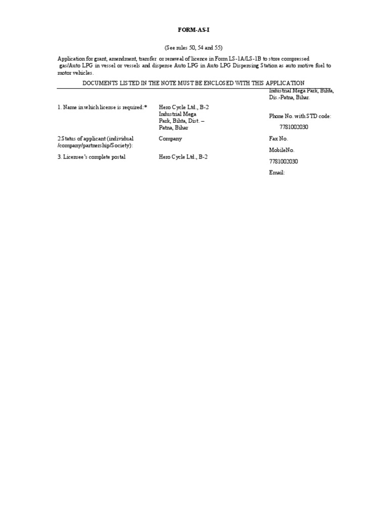 Form-as-i Application for Auto LPG Storage & Dispensing | PDF | License ...