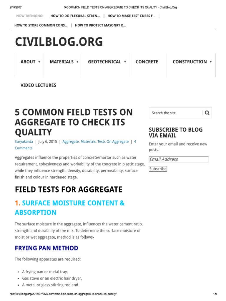 5 Common Field Tests On Aggregate To Check Its Quality - Civilblog | PDF