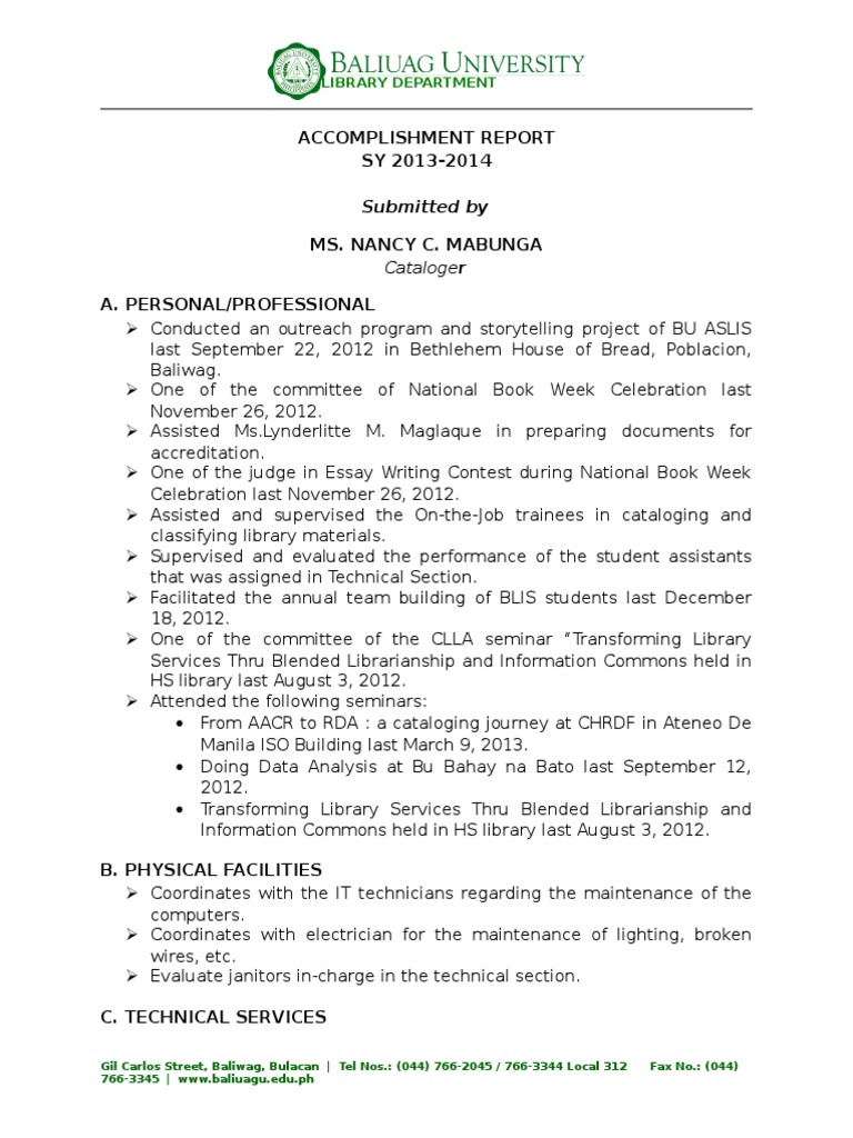 Accomplishment Report 2013-2014 | PDF | Librarian | Libraries