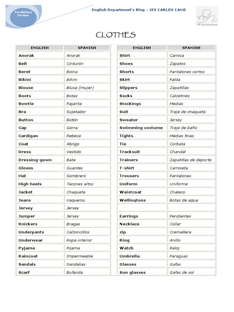 Clothes Clothes Clothes Clothes: English Spanish English Spanish | PDF ...