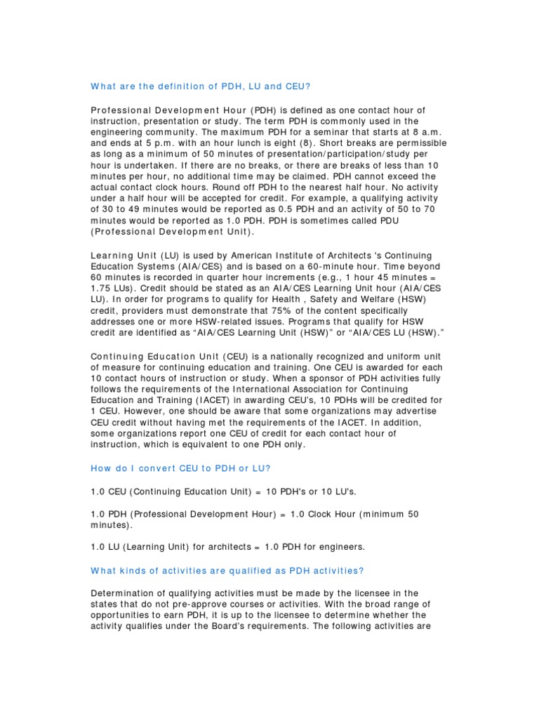Professional Development Hour (PDH) Is Defined As One Contact Hour of ...