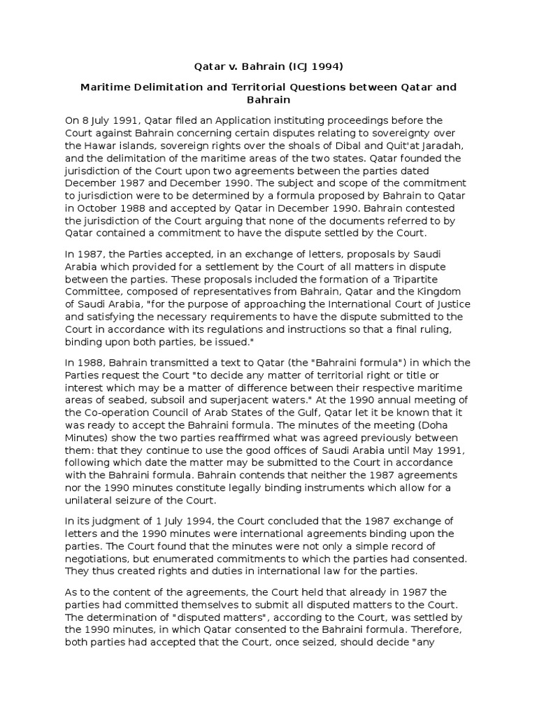 Qatar v. Bahrain (ICJ 1994) Maritime Delimitation and Territorial ...