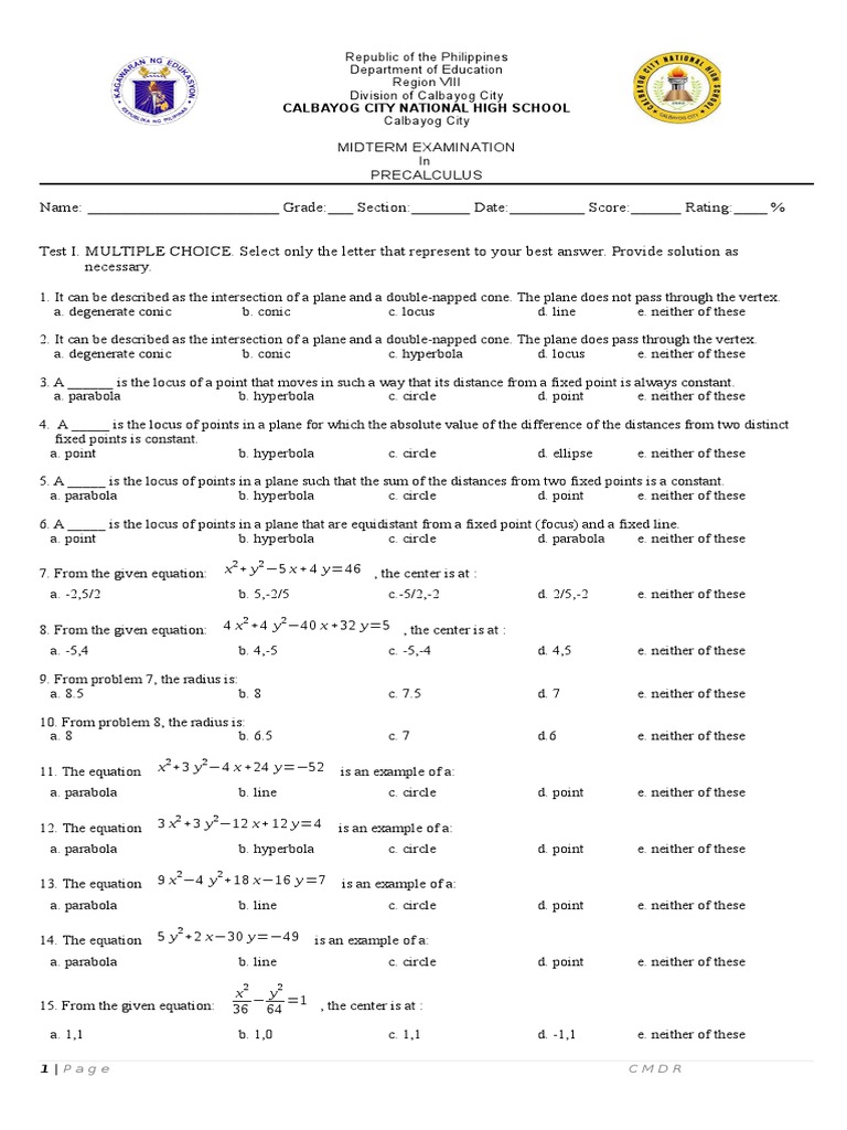 Precalculus Midterm EXAM | PDF | Algebraic Geometry | Geometric Shapes