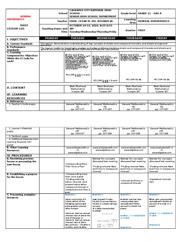 Gen Math GAS Daily Lesson Log | PDF | Interest | Interest Rates