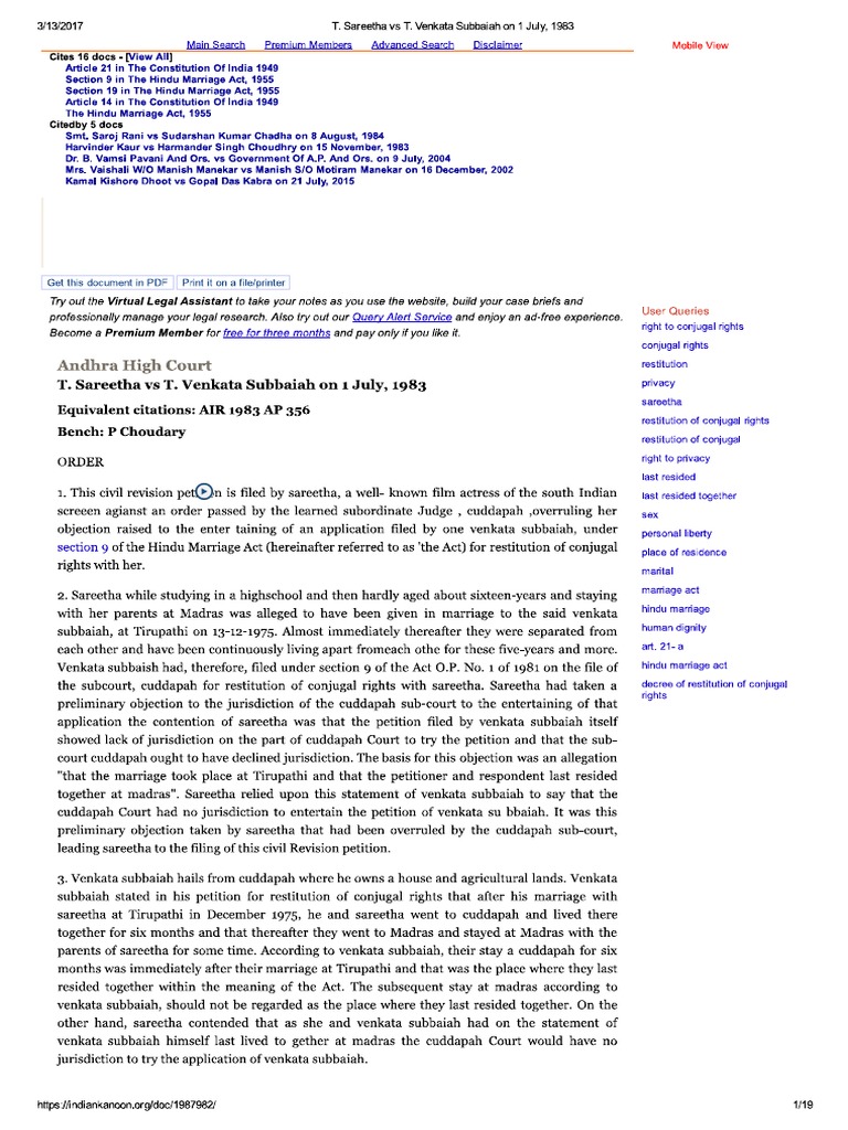 T. Sareetha Vs T. Venkata Subbaiah On 1 July, 1983 | PDF