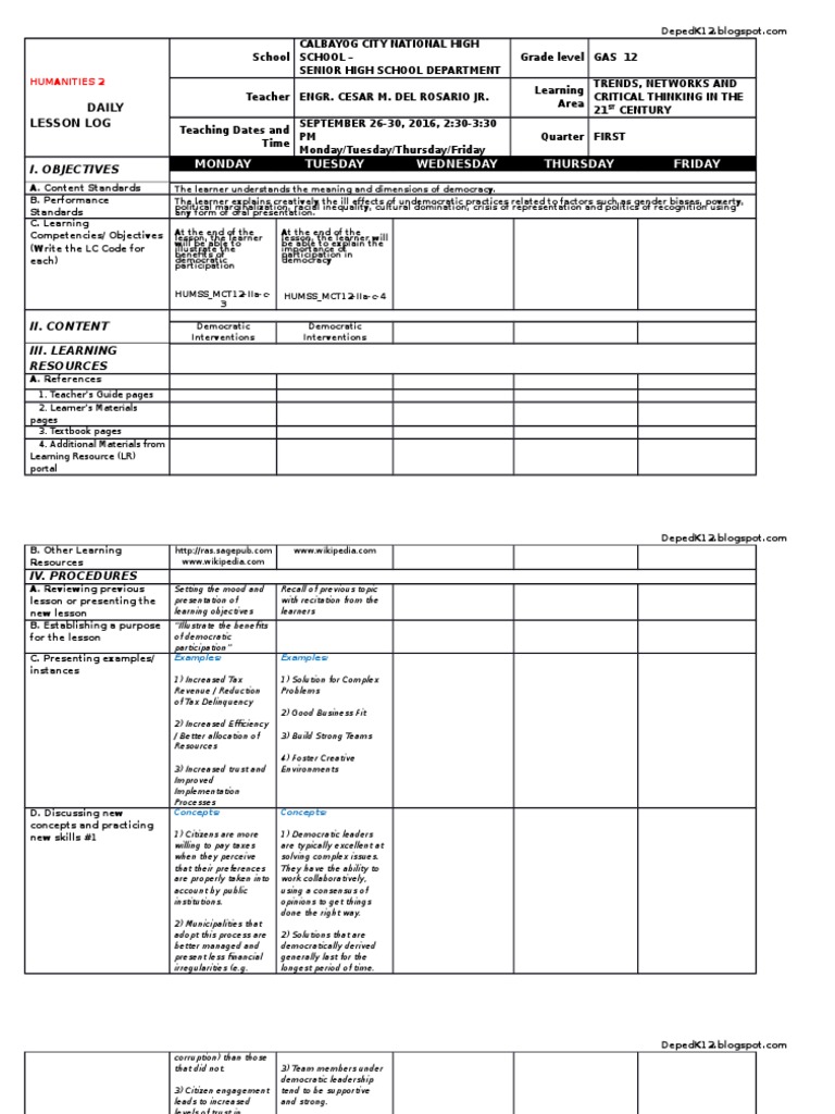 Humanities 2 Lesson Plan: Democracy | PDF | Democracy | Political ...