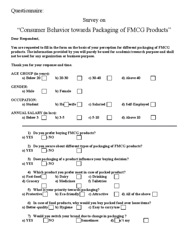 Questionnaire FMCG Packaging | PDF | Business | Foods