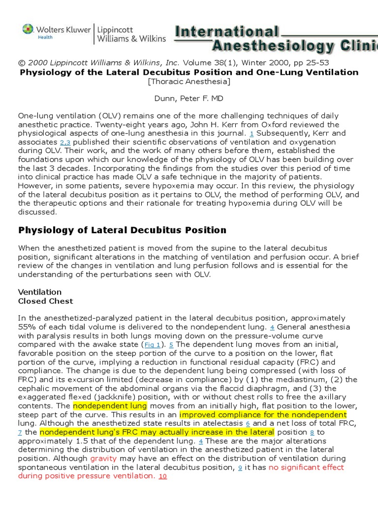 Physiology of The Lateral Decubitus Position and One-Lung Ventilation ...