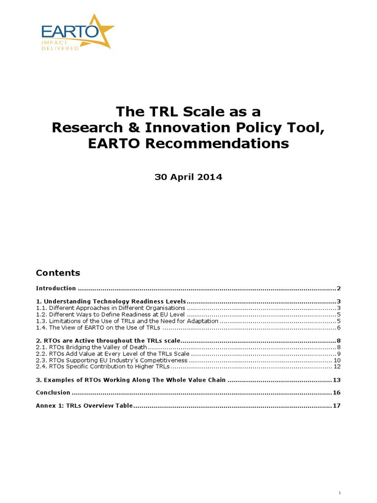 The TRL Scale As A R I Policy Tool - EARTO Recommendations - Final ...
