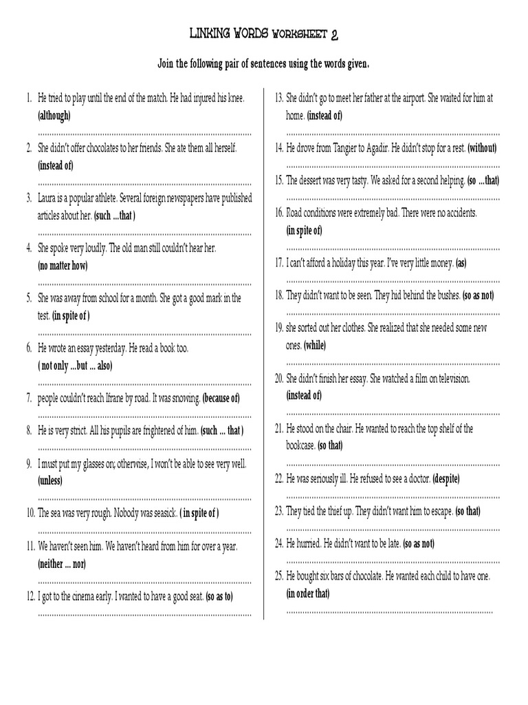 Linking Words Practice Worksheet | PDF