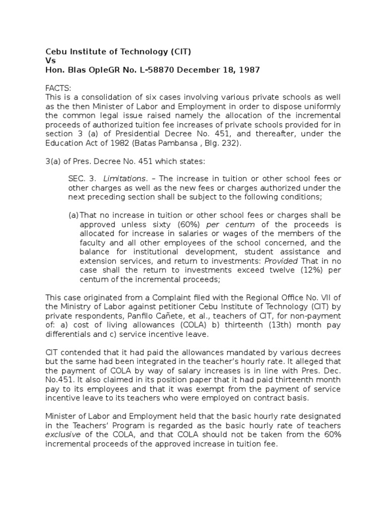 Cebu Institute of Technology (Cit) Vs Hon. Blas Oplegr No. L-58870 ...