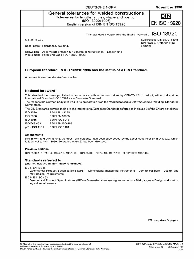 ISO 13920-1996 - Fabrication Tolerances PDF | PDF