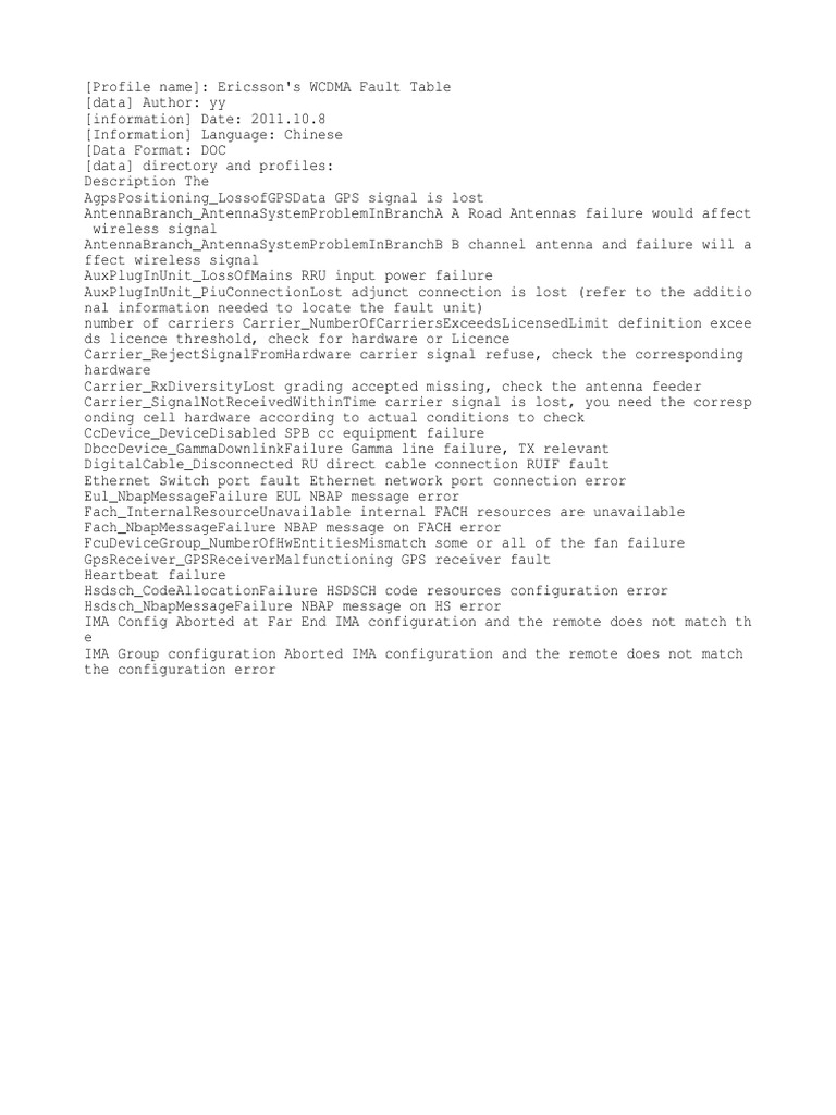 Ericsson's WCDMA Fault Table | PDF | Technology & Engineering