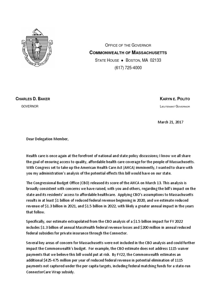 AHCA Letter to the MA Delegation | Patient Protection And Affordable ...