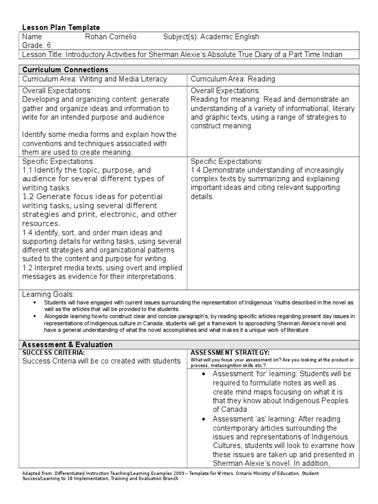 Indigenous Ed Lesson Plan 1 | PDF | Differentiated Instruction ...