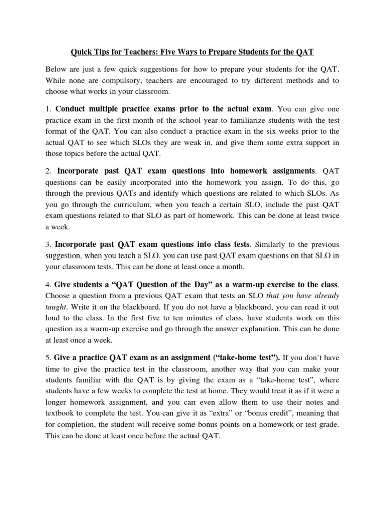 Guidelines For QAT Preparation | PDF | Homework | Test (Assessment)