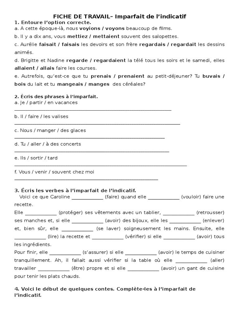 Fiche de travail : L'imparfait de l'indicatif | PDF