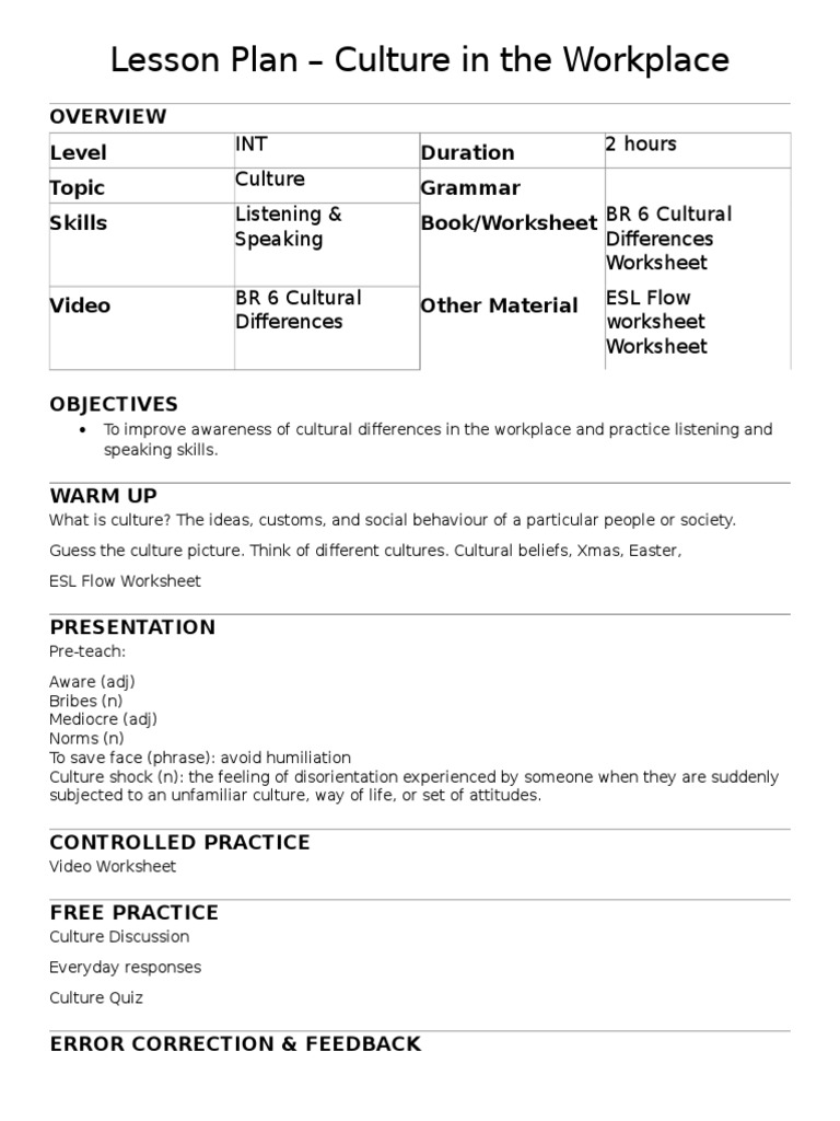 Lesson Plan - Culture in The Workplace Pre Int | PDF