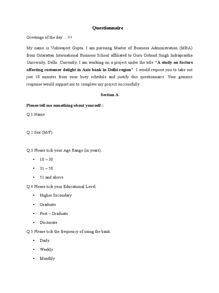 Questionnaire: Affecting Customer Delight in Axis Bank in Delhi Region ...