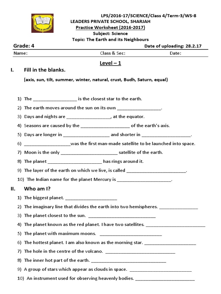 Worksheets In Our Space Planet Earth