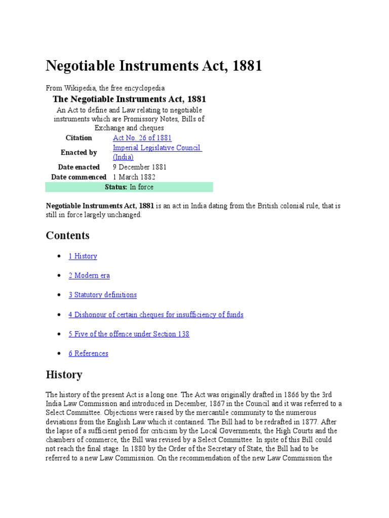 The Negotiable Instruments Act, 1881 | Download Free PDF | Negotiable Instrument | Cheque