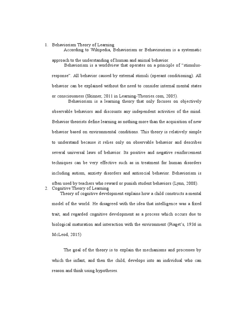 Behaviorism And Cognitive Learning Theories Compared Pdf