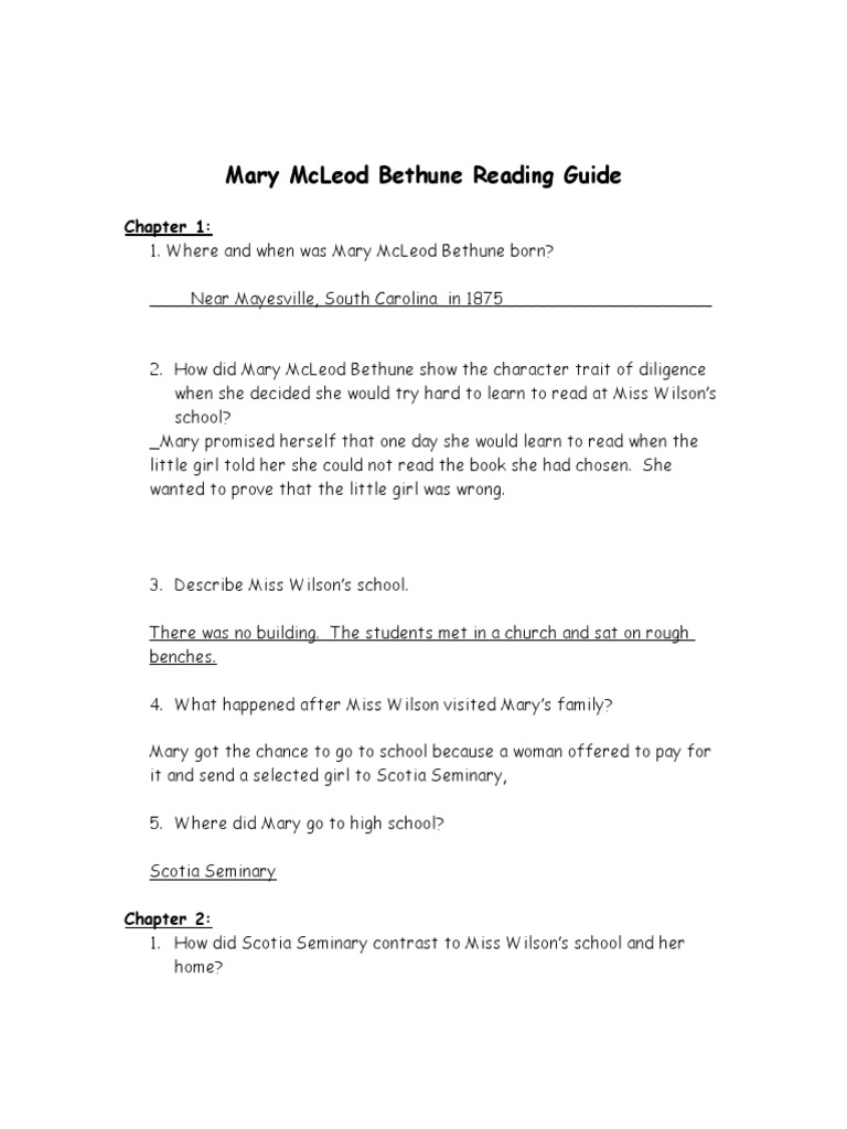 Mary Mcleod Bethune Reading Guide Key | PDF