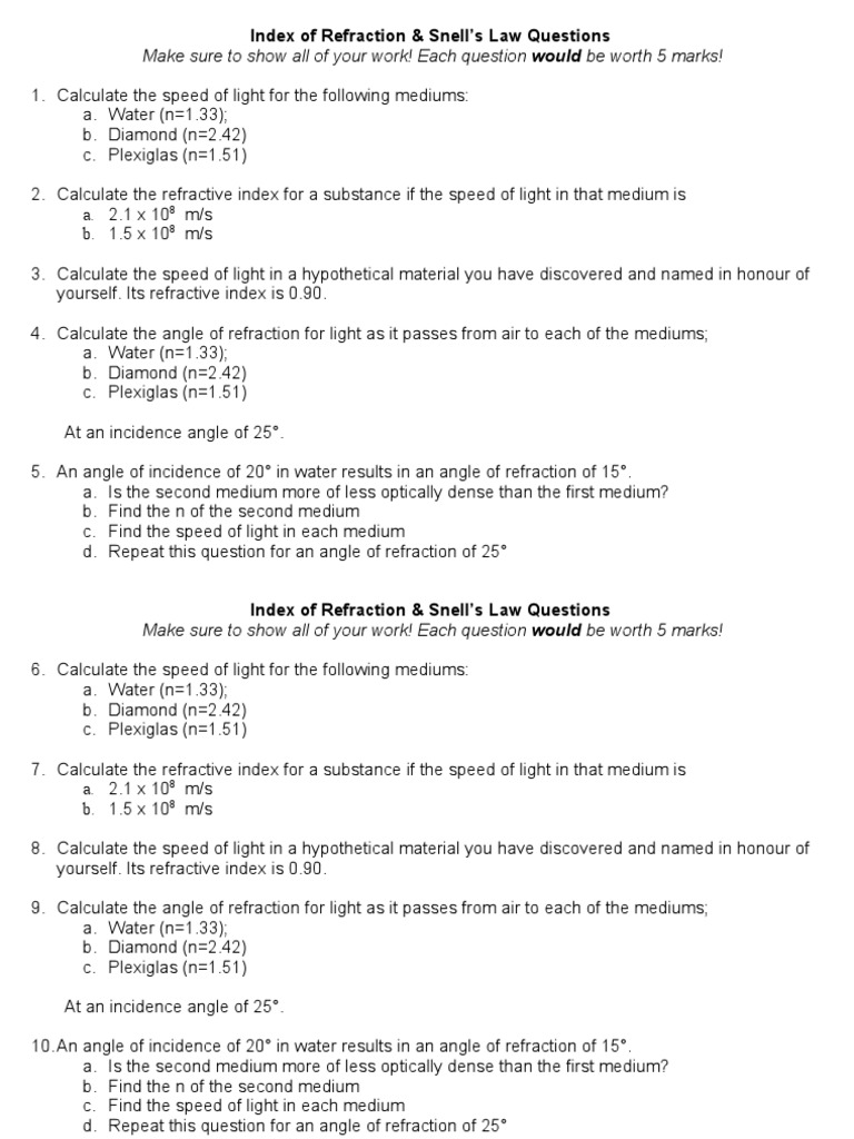 Index of Refraction& Snells Worksheet | PDF