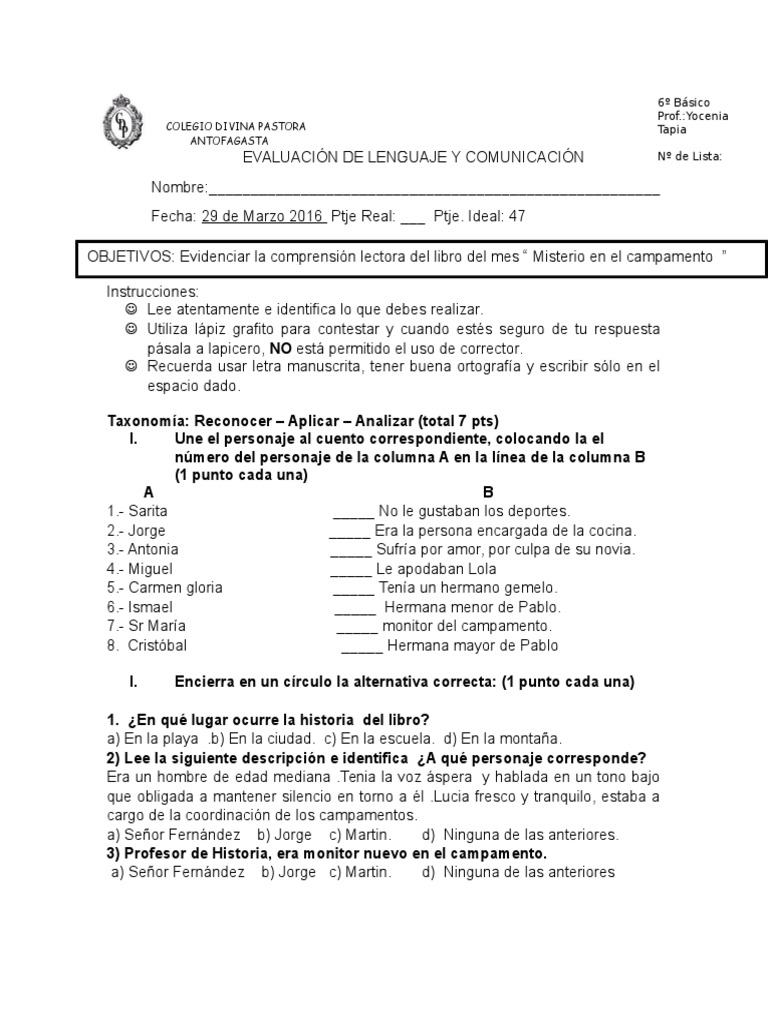 Evaluacion Misterio en El Campamento | PDF | Agitación | Violencia Evaluacion Misterio en El Campamento | PDF | Agitación | Violencia